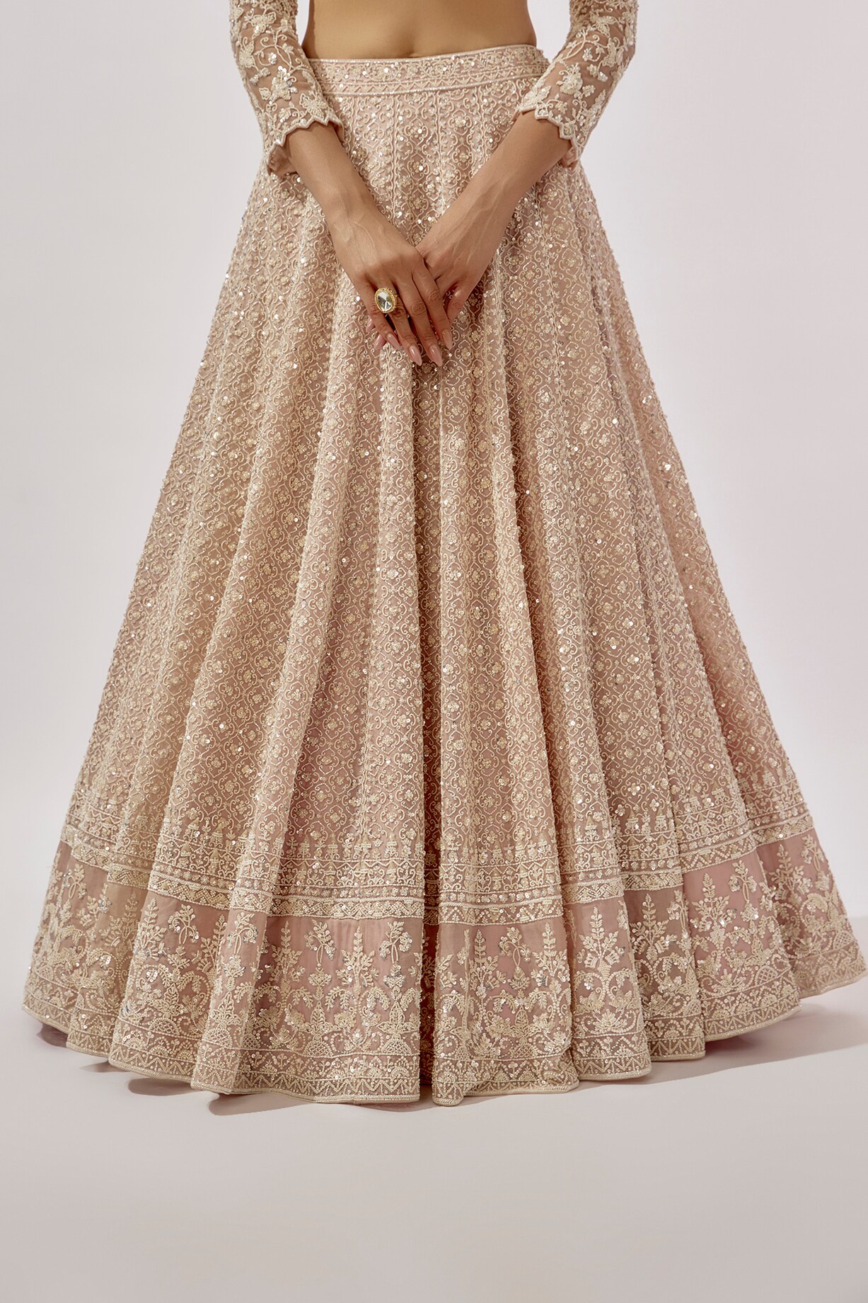 Pink Organza Pearl & Cutwork Hand Embroidered Bridal Lehenga Set by ...