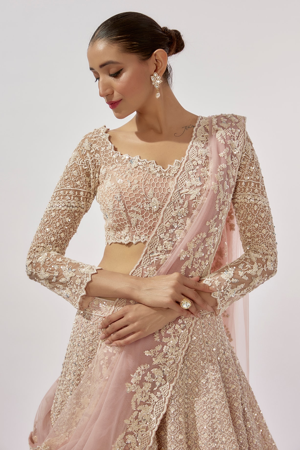 Pink Organza Pearl & Cutwork Hand Embroidered Bridal Lehenga Set by ...