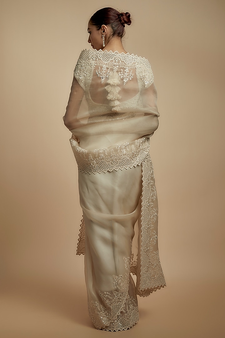 Ivory Organza Pearl Embroidered Saree Set by Anushree Reddy at Pernia's ...