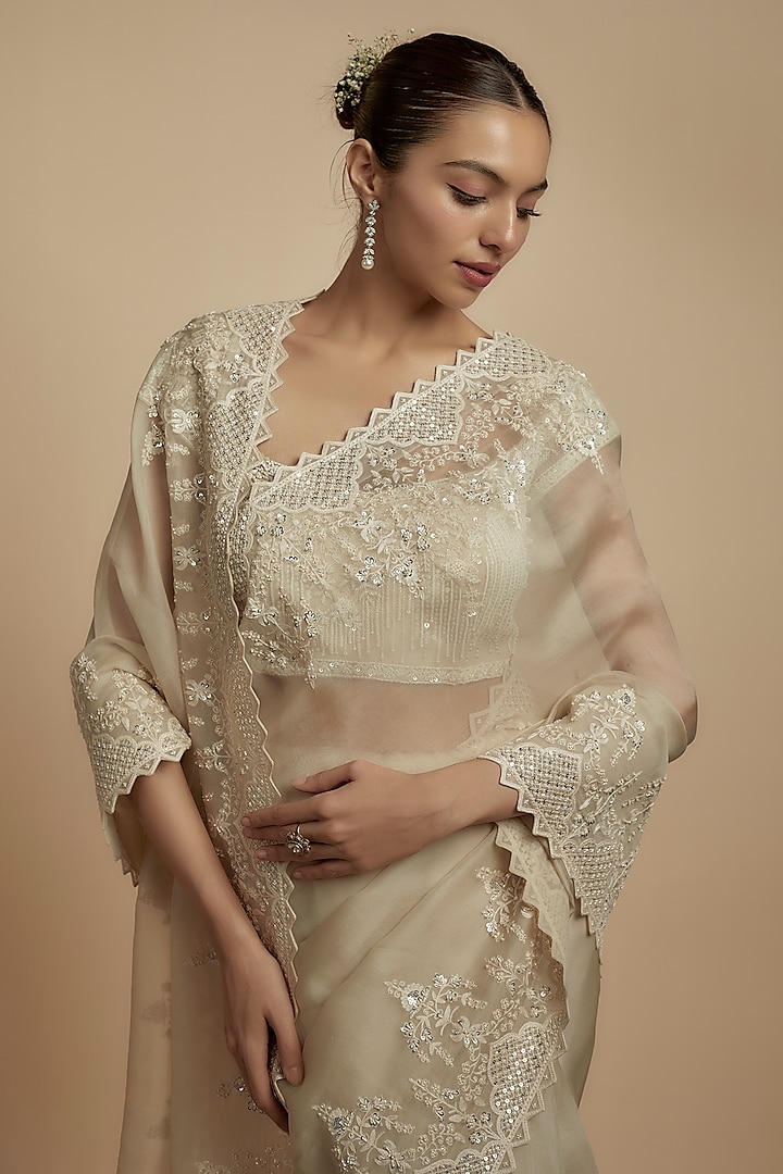 Ivory Organza Pearl Embroidered Saree Set by Anushree Reddy at Pernia's ...