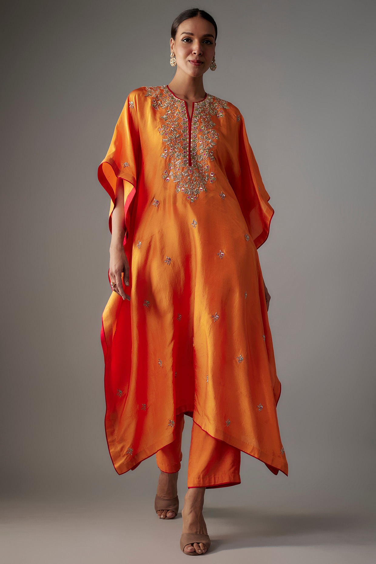 Rust Dupion Silk Zardosi Embroidered Kaftan Set by Anushree Reddy at Pernia's Pop Up Shop 2025