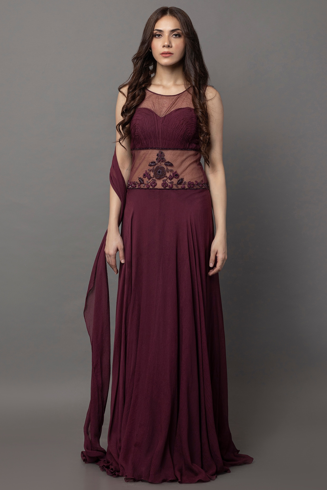 Cranberry Red Crinkled Chiffon Gown by ANJALIVERMA at Pernia's Pop Up ...