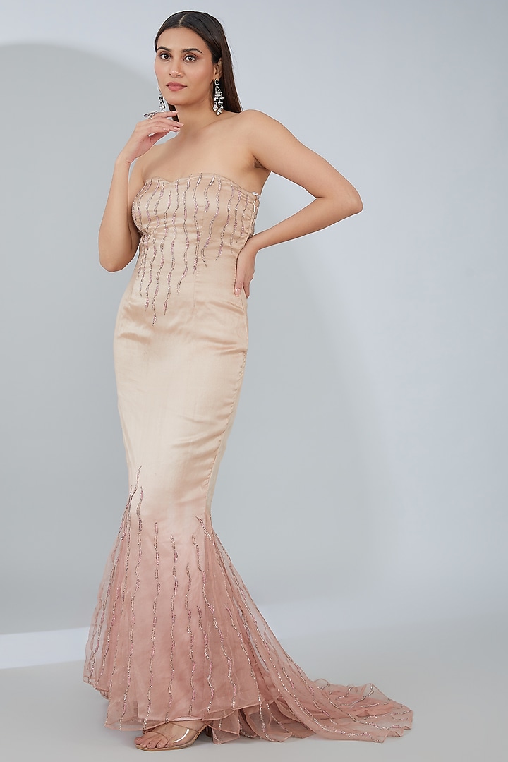 Beige & Blush Pink Ombre Silk Organza Bead Embroidered Gown Design by ...