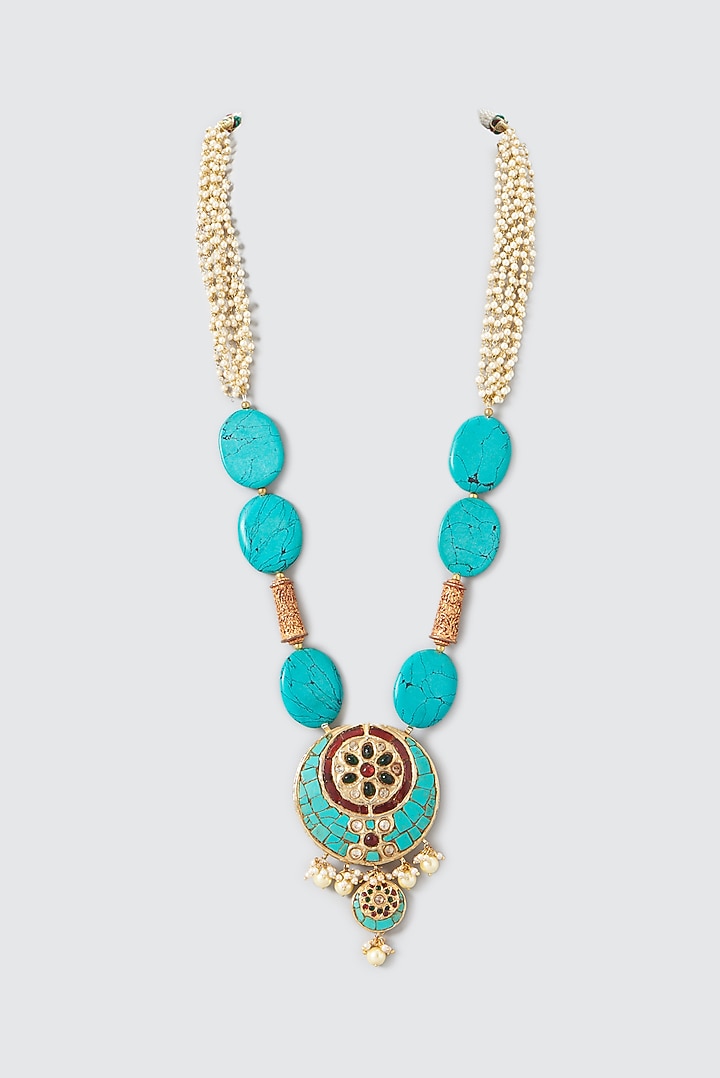 Gold Finish Kundan Polki Long Pendant Necklace by Anjali Jain Jewellery ...
