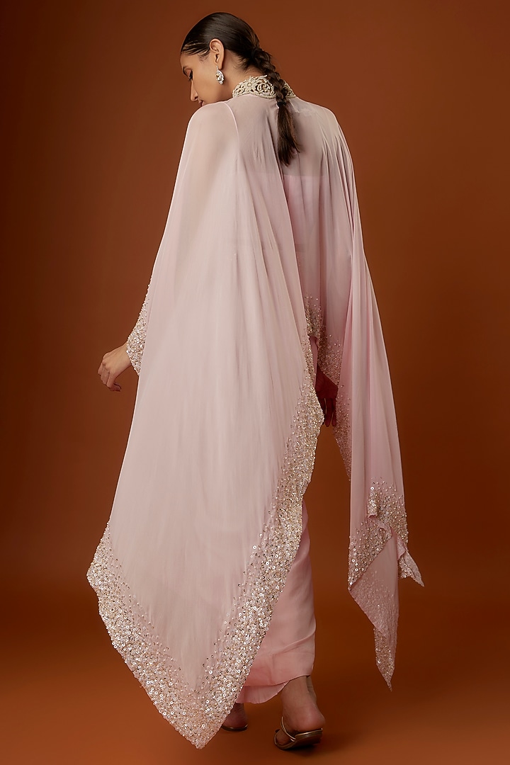 Blush Pink Chiffon Bead Embroidered Cape Set Design by Anand Kabra at ...