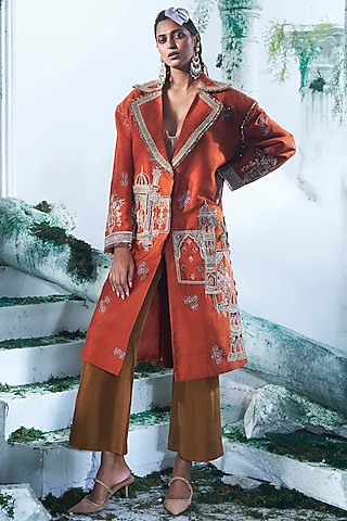 Rust Orange Pure Raw Silk Zari Embroidered Trench Coat Set by Label ...