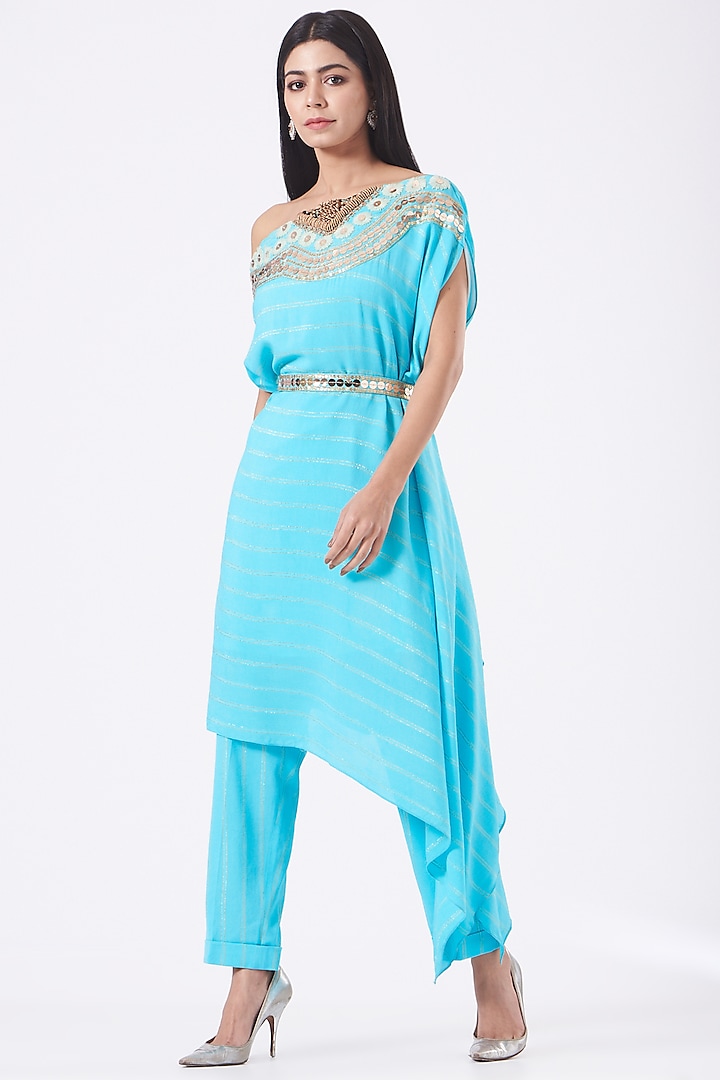 Cyan Blue Embroidered Cape Set by Ankur J at Pernia's Pop Up Shop 2024