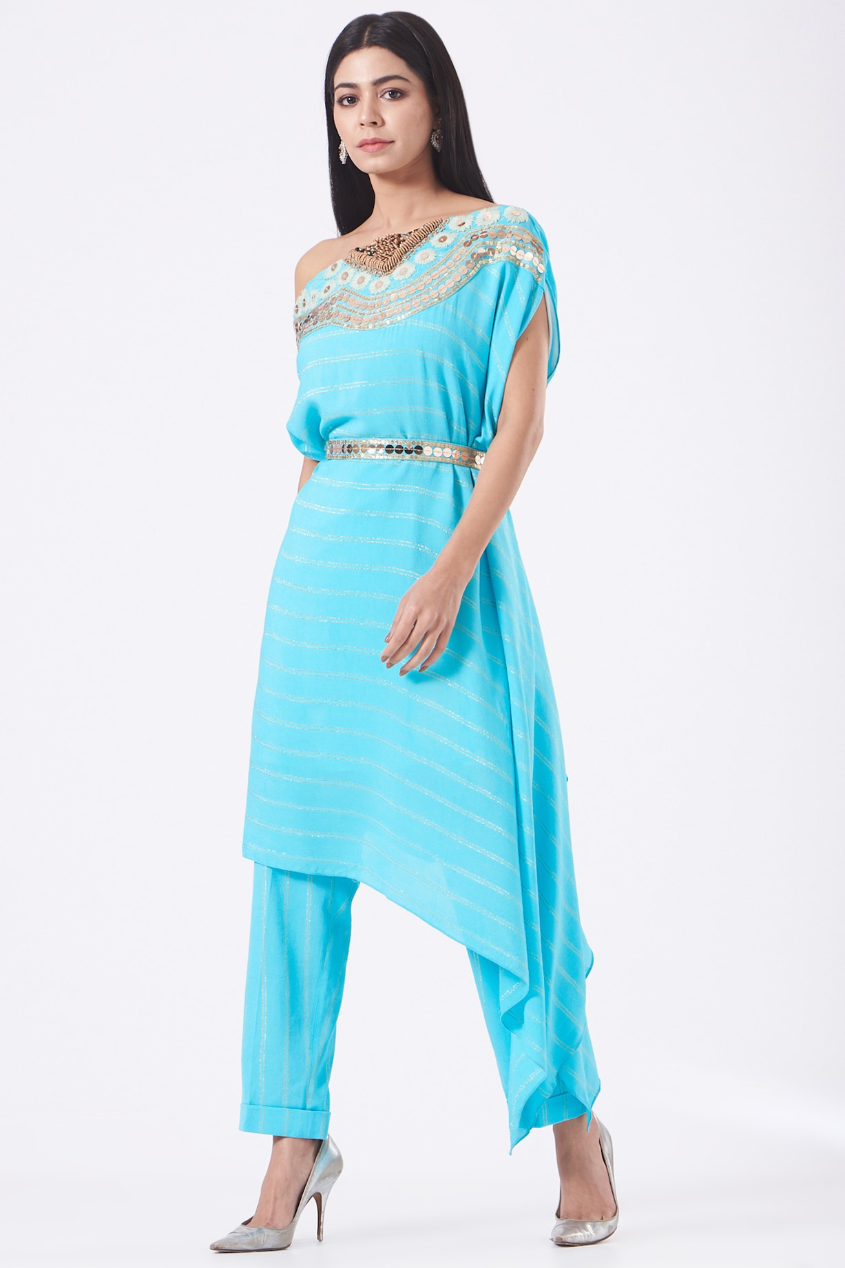 Cyan Blue Embroidered Cape Set by Ankur J at Pernia's Pop Up Shop 2024