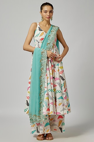 Multi-Colored Mul Cotton & Soft Organza Embroidered Anarkali Set by ...