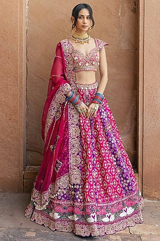 Rani Pink & Purple Banarasi Silk Bandhani Printed Bridal Lehenga Set by ...