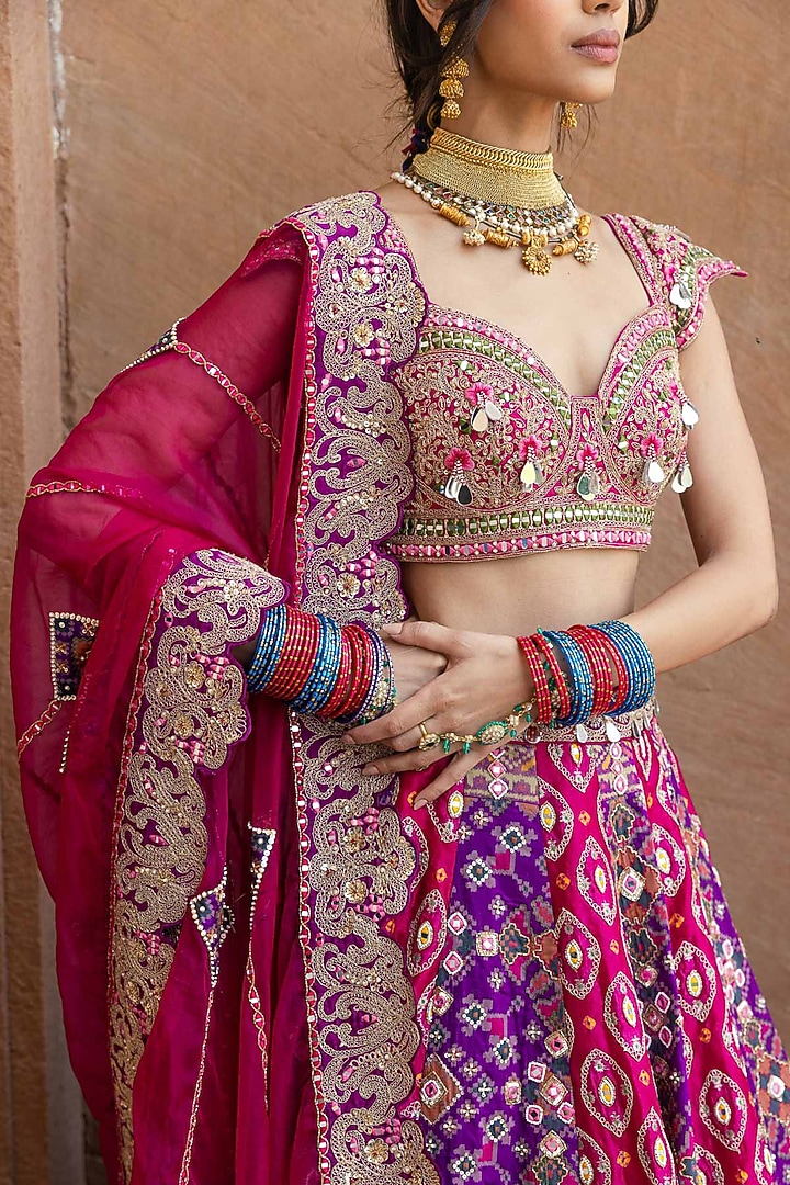 Rani Pink & Purple Banarasi Silk Bandhani Printed Bridal Lehenga Set by ...