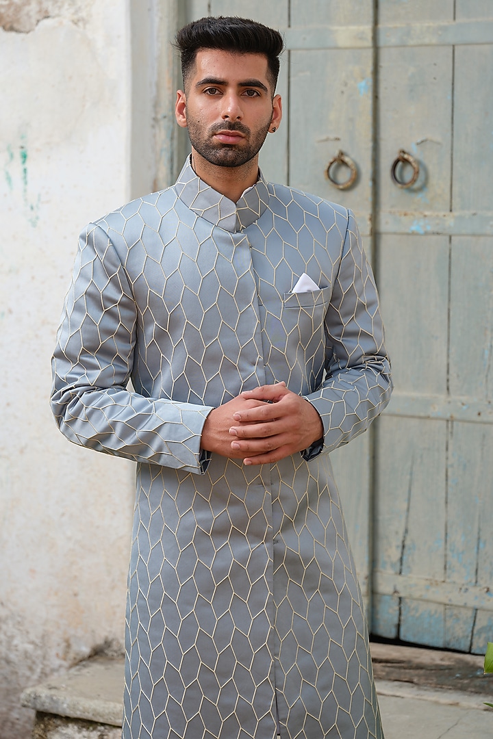Light Blue Textured Fabric Embroidered Wedding Sherwani Set by Anuj and ...