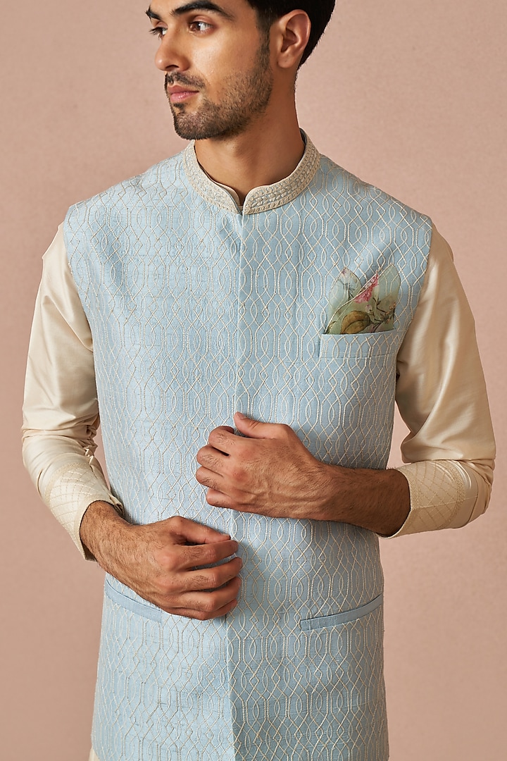 Pastel Blue Silk Thread Embroidered Bundi Jacket Set by Anushree Reddy ...