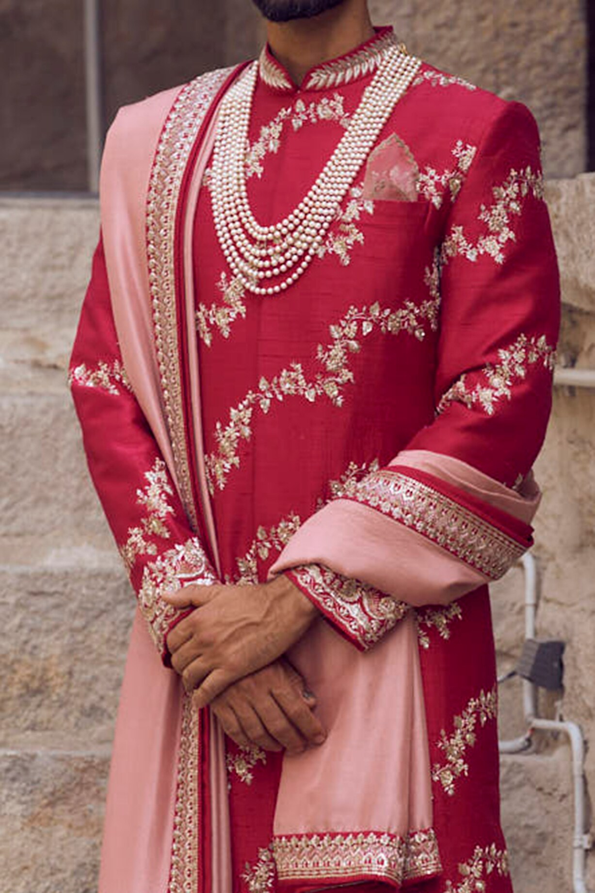 Red Raw Silk Embroidered Sherwani Set Design by Anushree Reddy Men at ...