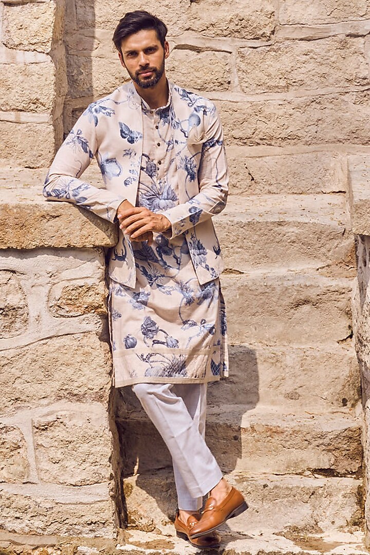Ivory & Blue Khadi Cotton Printed Indowestern Set by Anushree Reddy Men ...