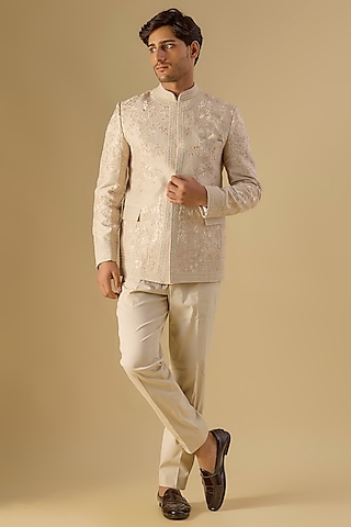 Dull Ivory Raw Silk Embroidered Groom Bandhgala Set by Anushree Reddy ...