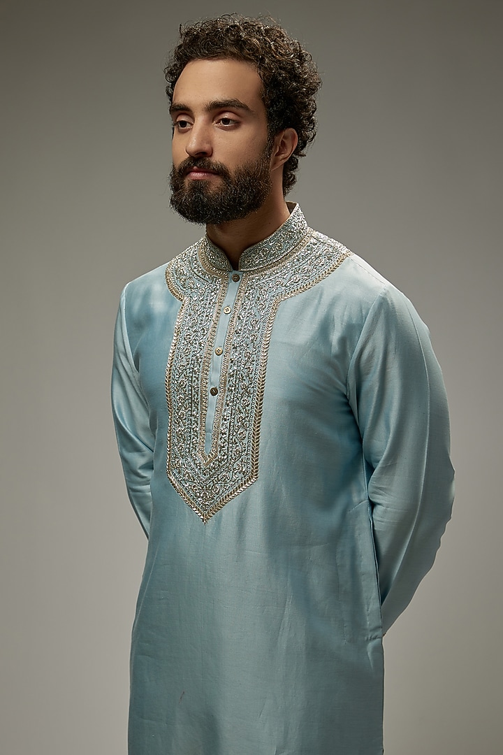Powder Blue Silk Embroidered Kurta Set by Anushree Reddy Men at Pernia ...