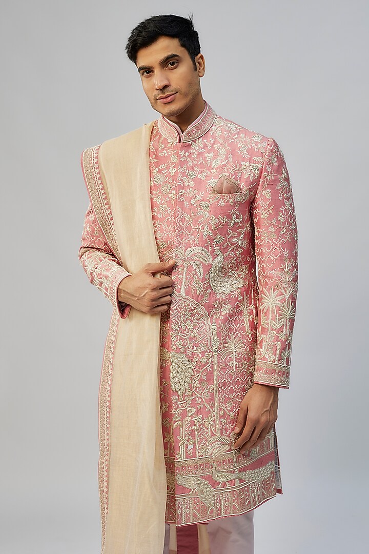 Pink Raw Silk Embroidered Groom Sherwani Set by Anushree Reddy Men at ...