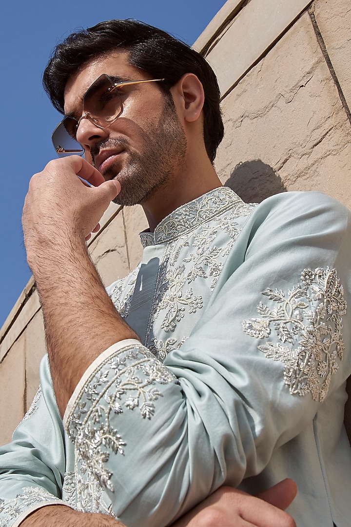 Pastel Aqua Blue Chanderi Kurta Set by Anushree Reddy Men at Pernia's ...
