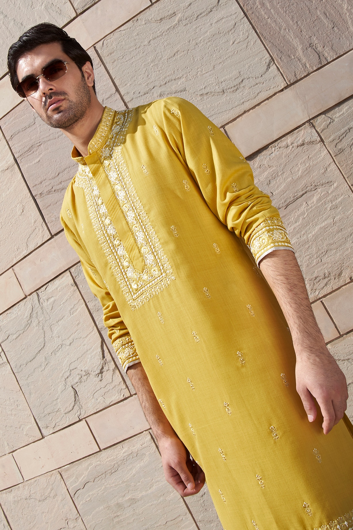 Yellow Chanderi Boota Kurta Set by Anushree Reddy Men at Pernia's Pop ...