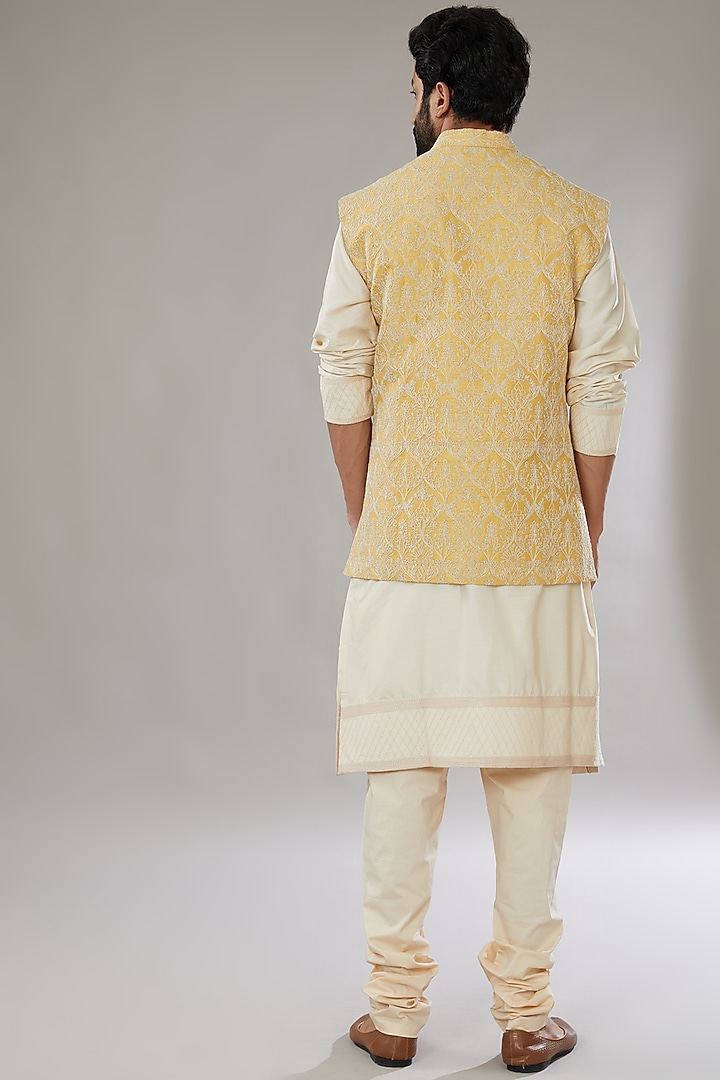 Pastel Yellow Raw Silk Embroidered Bundi Jacket Set Design by Anushree ...