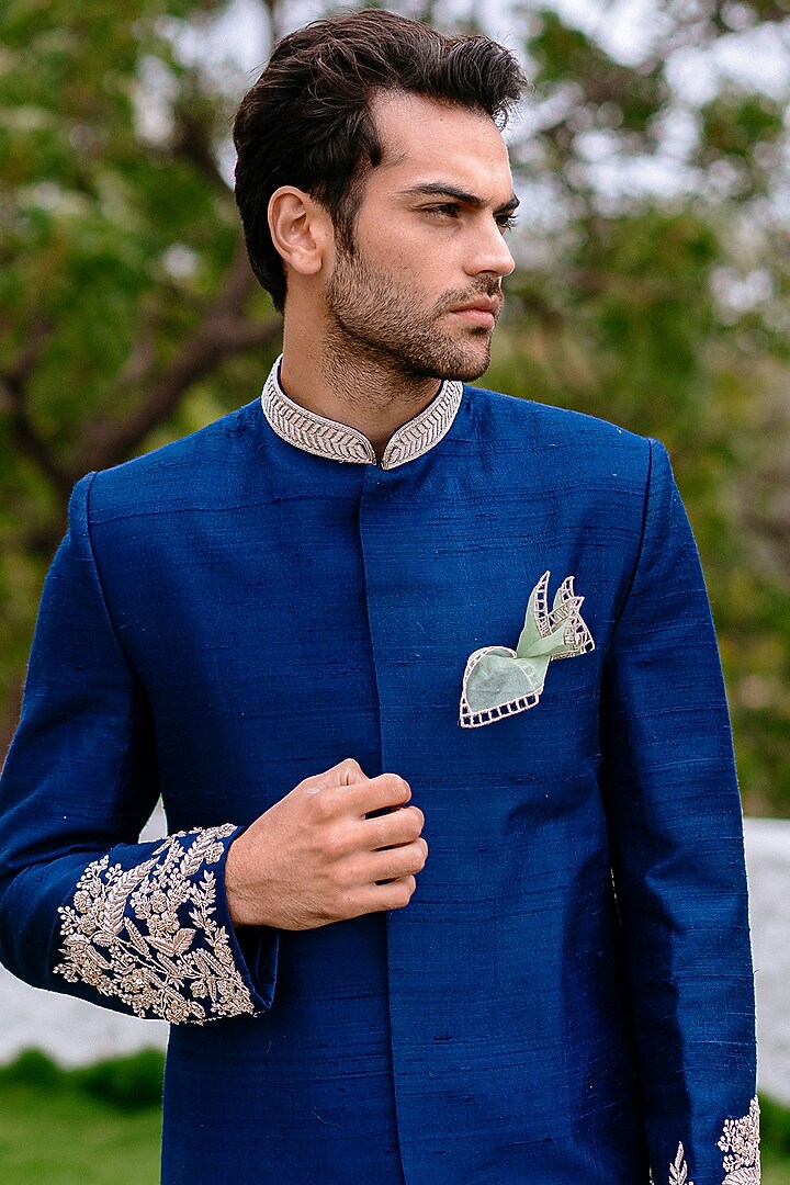 Navy Blue Silk Groom Sherwani Set by Anushree Reddy Men at Pernia's Pop ...
