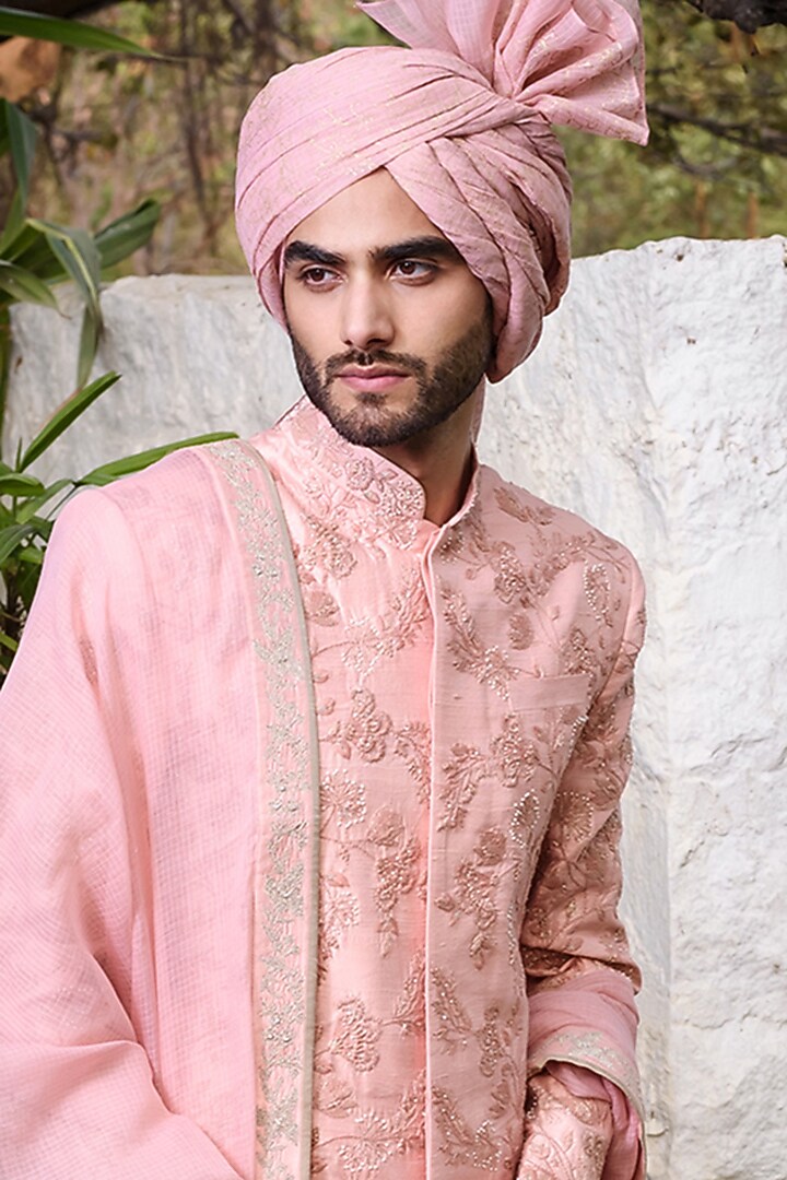 Baby Pink Thread Embroidered Groom Sherwani Set by Anushree Reddy Men ...