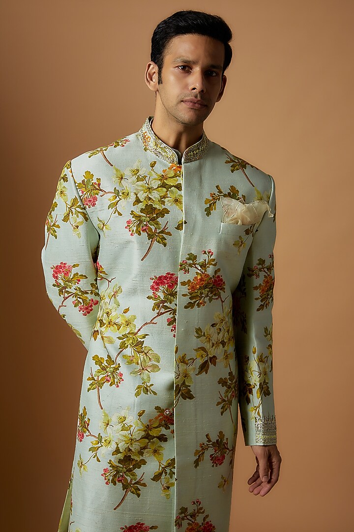 Light Blue Raw Silk Floral Printed Wedding Sherwani Set by Anushree ...