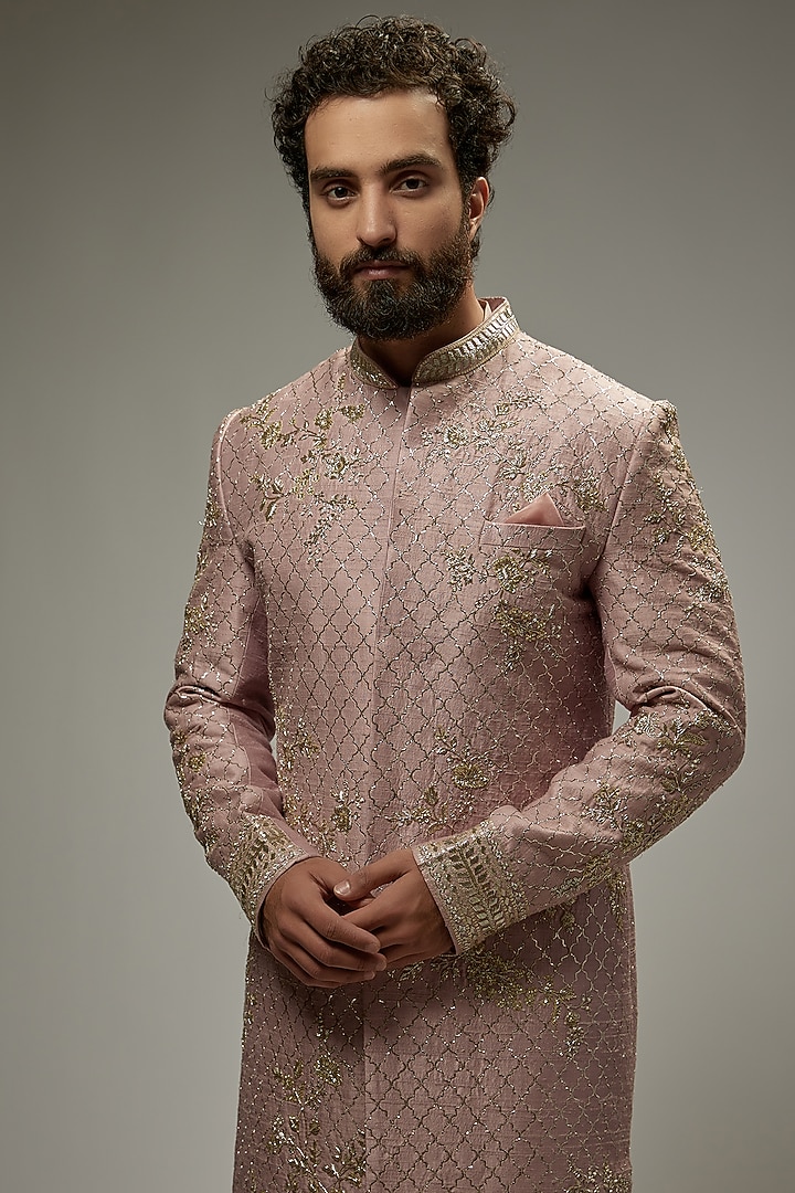 Lavender Raw Silk Embroidered Groom Sherwani Set by Anushree Reddy Men ...