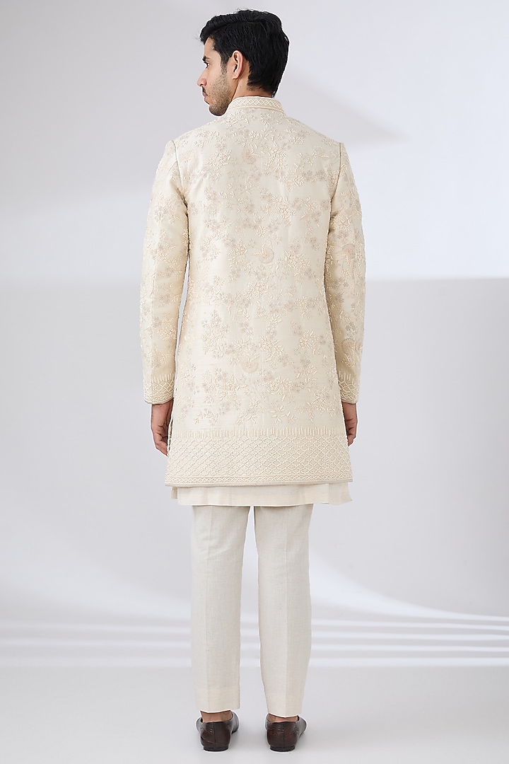 Ivory Raw Silk & Cotton Embroidered Groom Sherwani Set by Anushree ...