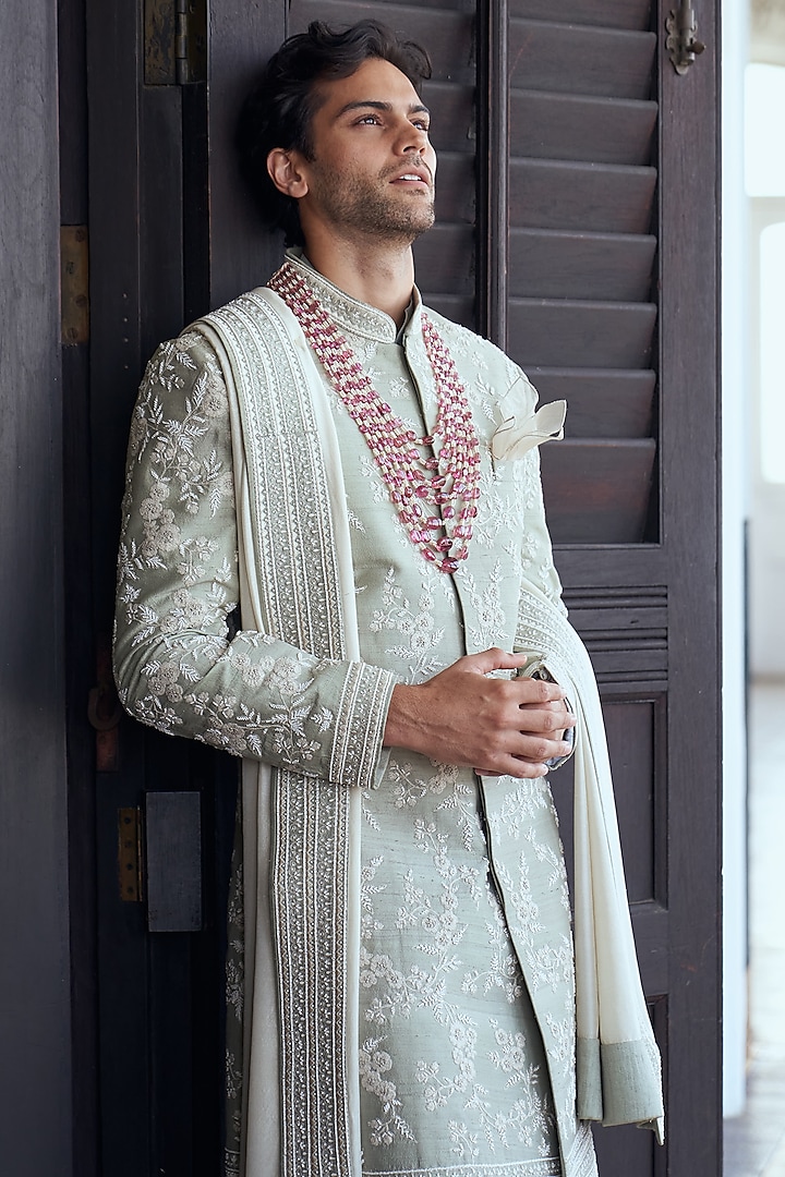 Mint Green Raw Silk Floral Dori Embroidered Groom Sherwani Set by ...