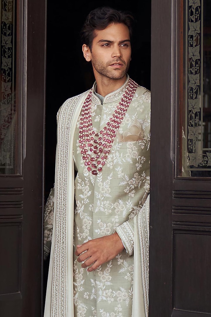 Mint Green Raw Silk Floral Dori Embroidered Groom Sherwani Set by ...