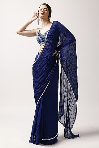 Midnight Blue Organza Wedding Saree Set by Anshika Tak Label at Pernia ...