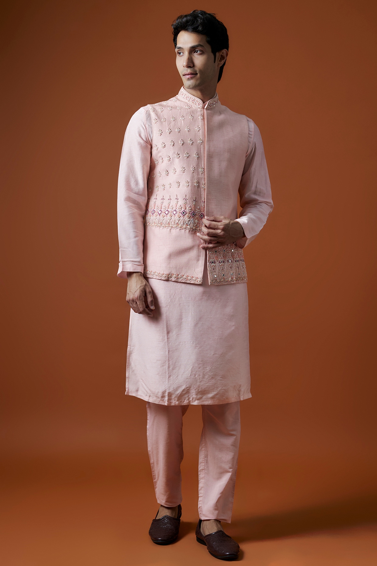 Pink Bangalori Silk Floral Motifs Hand Embellished Bundi Jacket Set by ...