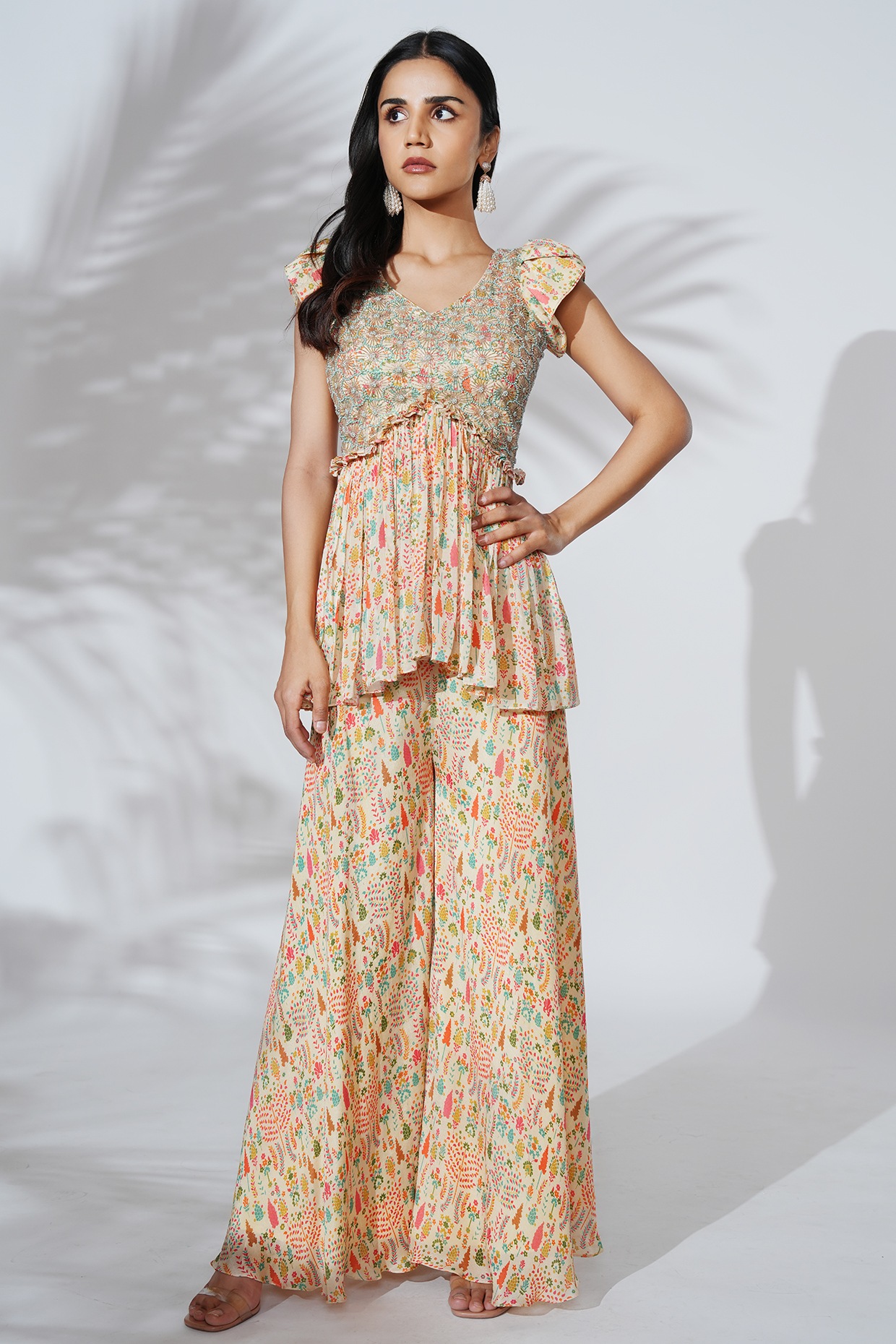 Beige Chiffon Floral Printed Palazzo Pant Set by Anu Pellakuru at ...