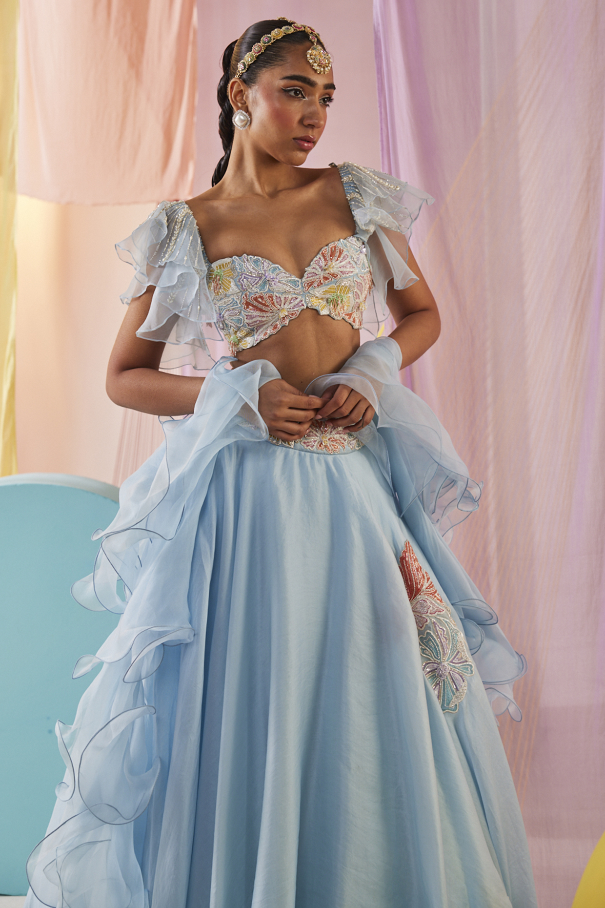 Powder Blue Satin Organza Embroidered Wedding Lehenga Set By Anu