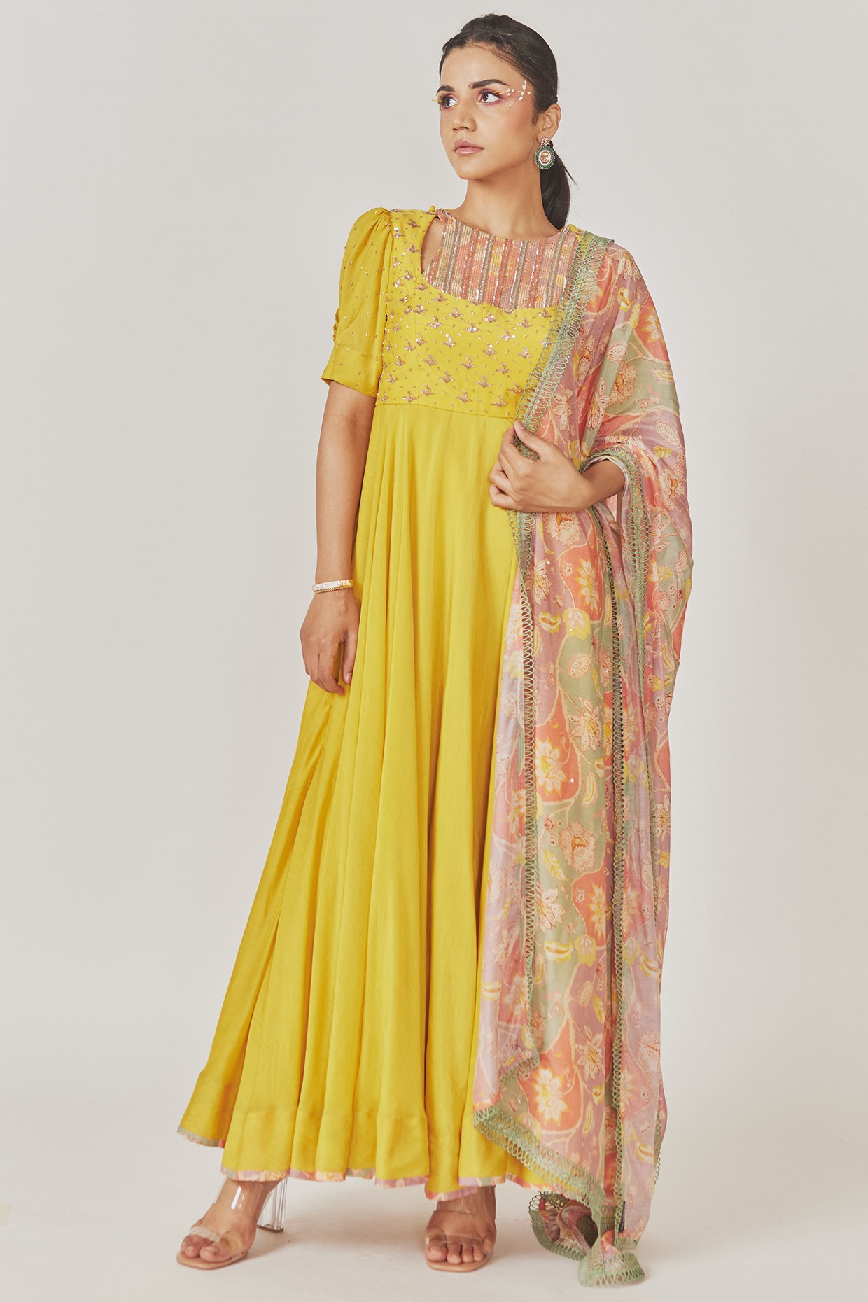 Yellow Muslin Silk Embroidered Anarkali Set by Anu Pellakuru at Pernia ...