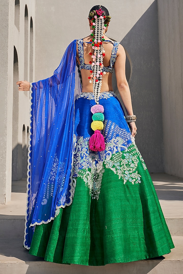 Electric Blue & Emerald Green Raw Silk Resham Embroidered Bridal Lehenga Set by Anu Pellakuru at ...