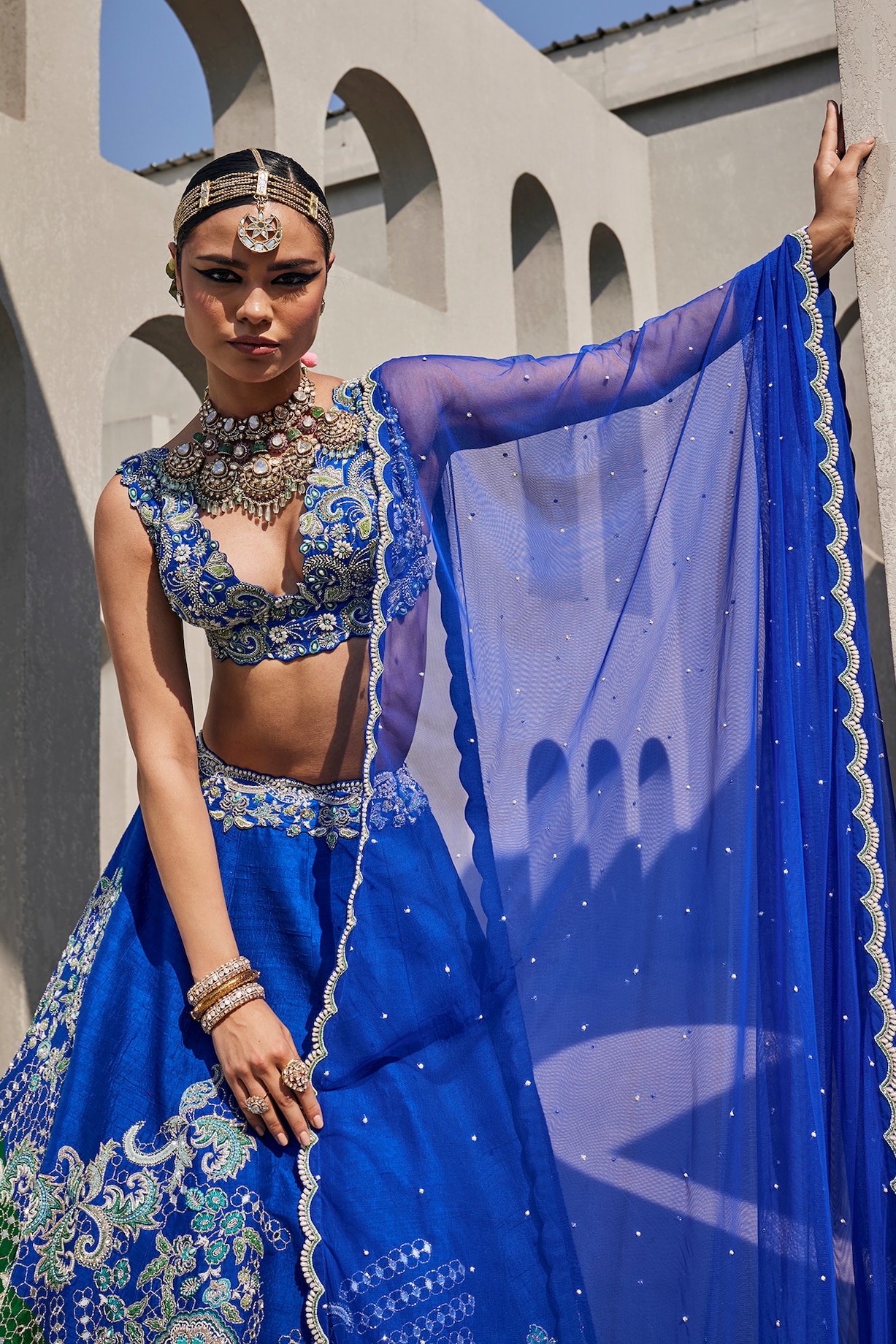 Electric Blue & Emerald Green Raw Silk Resham Embroidered Bridal ...