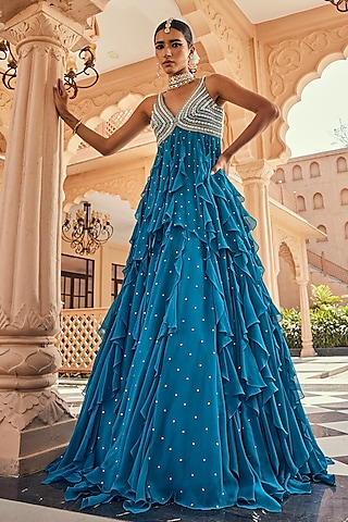 Turquoise Blue Georgette Pearl Embroidered Ruffled Wedding Lehenga Set ...
