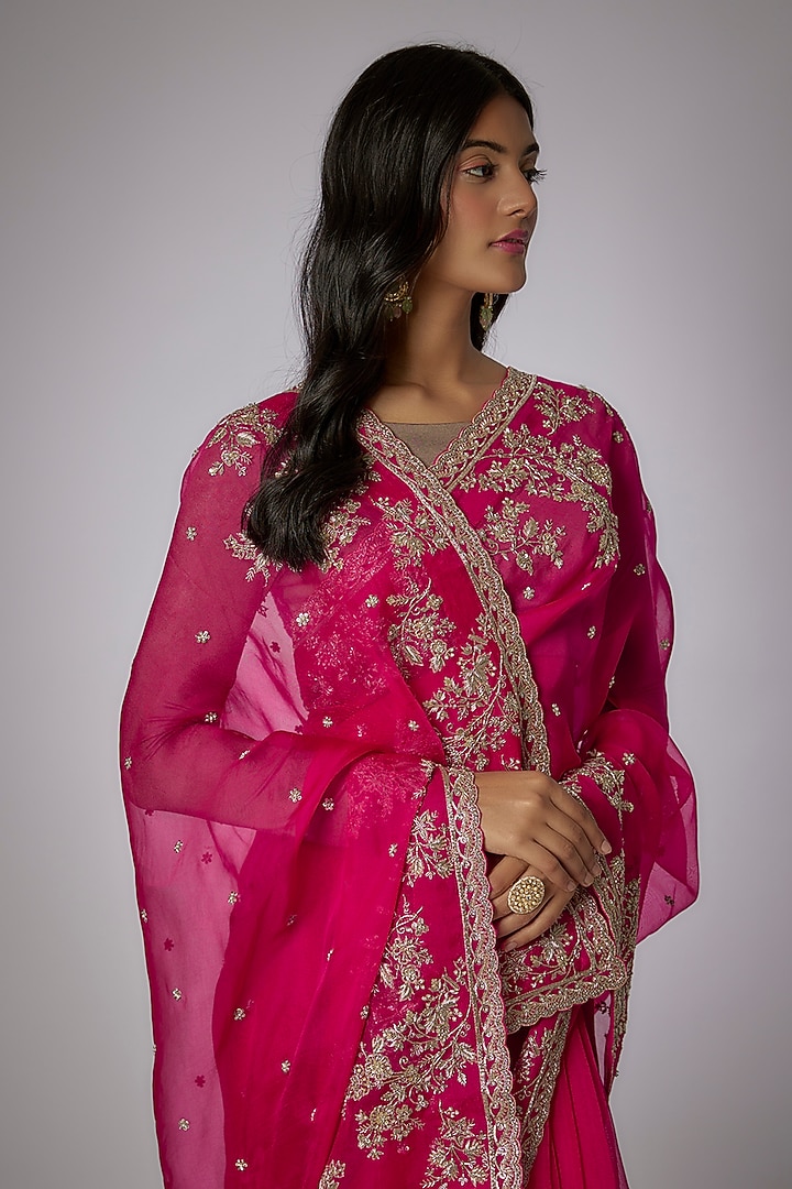 Pink Organza Zardosi Embroidered Saree Set by Anushree Reddy at Pernia ...
