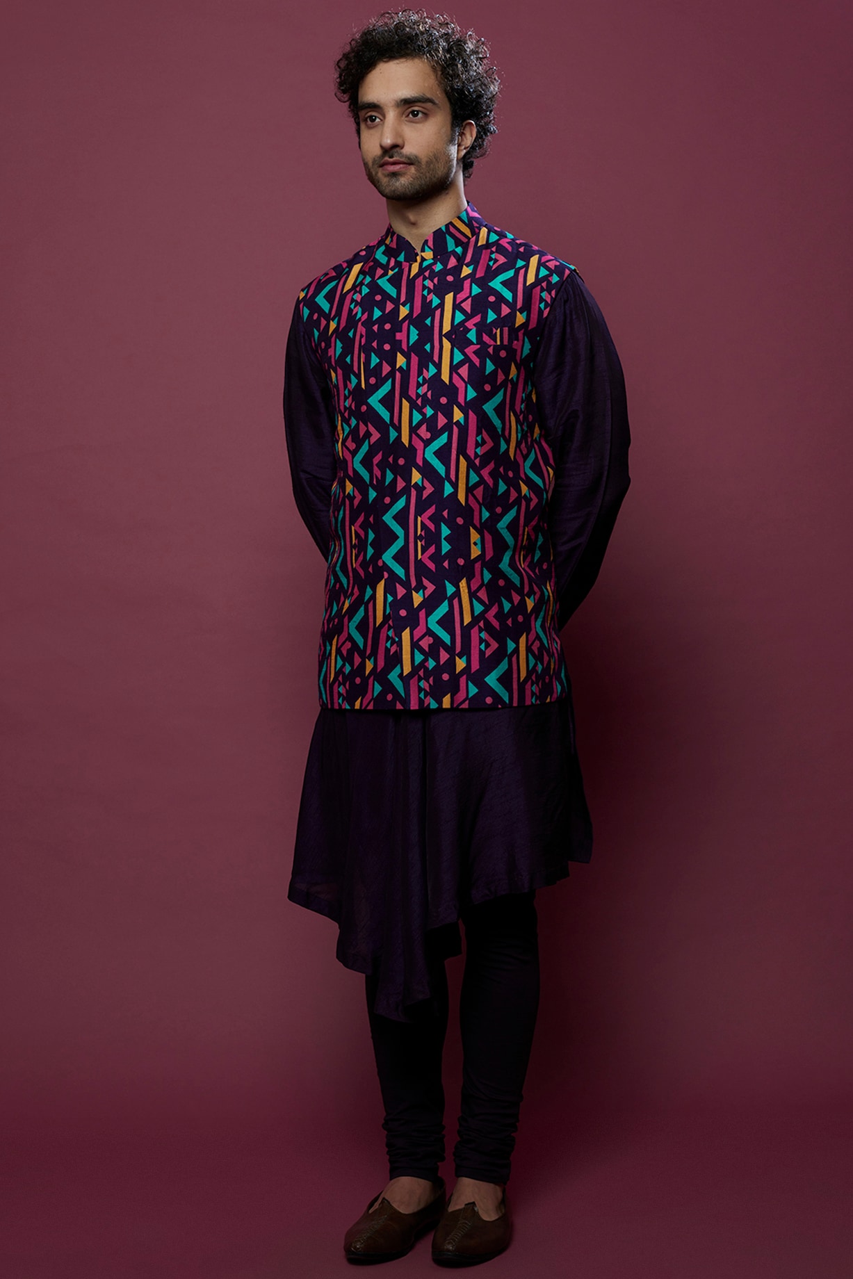 Purple Asymmetric Kurta Set With Nehru Jacket by Aces by Arjun Agarwal ...