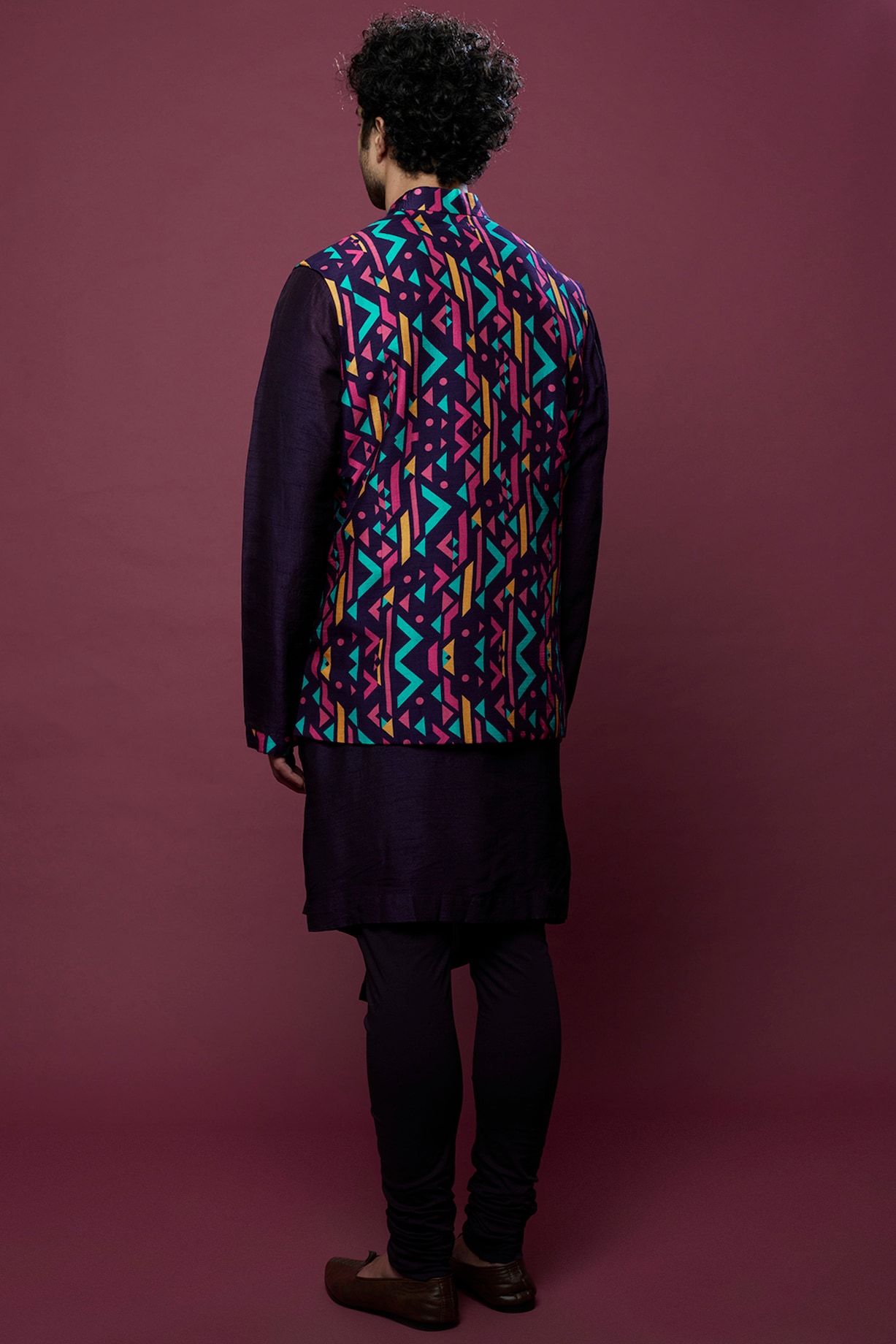 Purple Asymmetric Kurta Set With Nehru Jacket by Aces by Arjun Agarwal ...