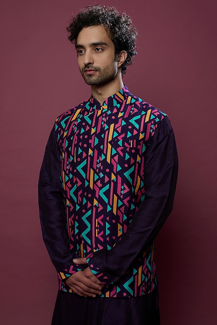 Purple Asymmetric Kurta Set With Nehru Jacket by Aces by Arjun Agarwal ...