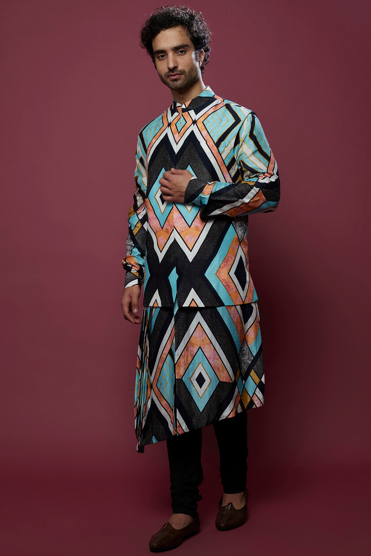 Multi-Colored Printed Kurta Set With Nehru Jacket by Aces by Arjun ...