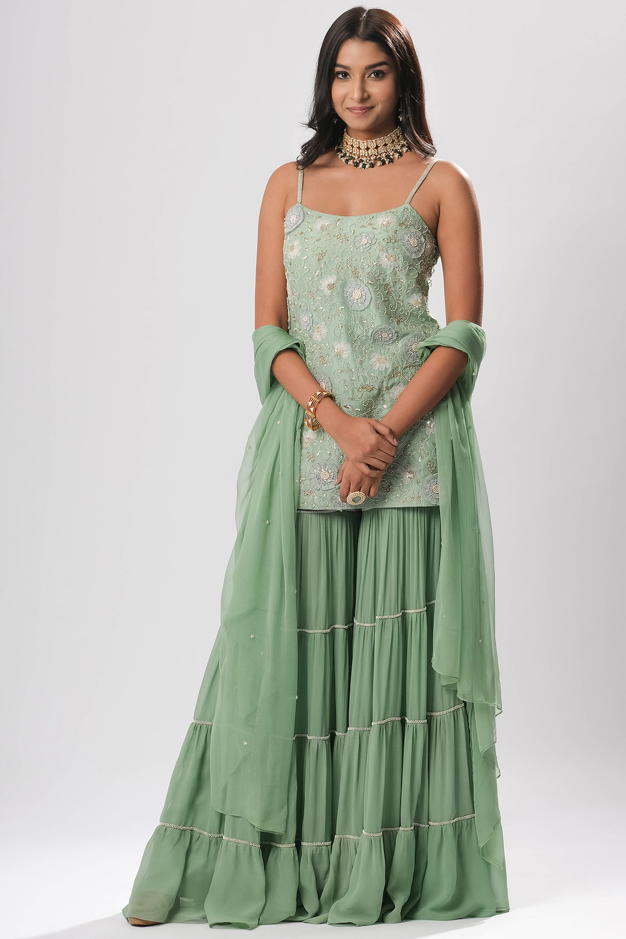 Moss Green Embroidered Sharara Set by Arakne at Pernia's Pop Up Shop 2025