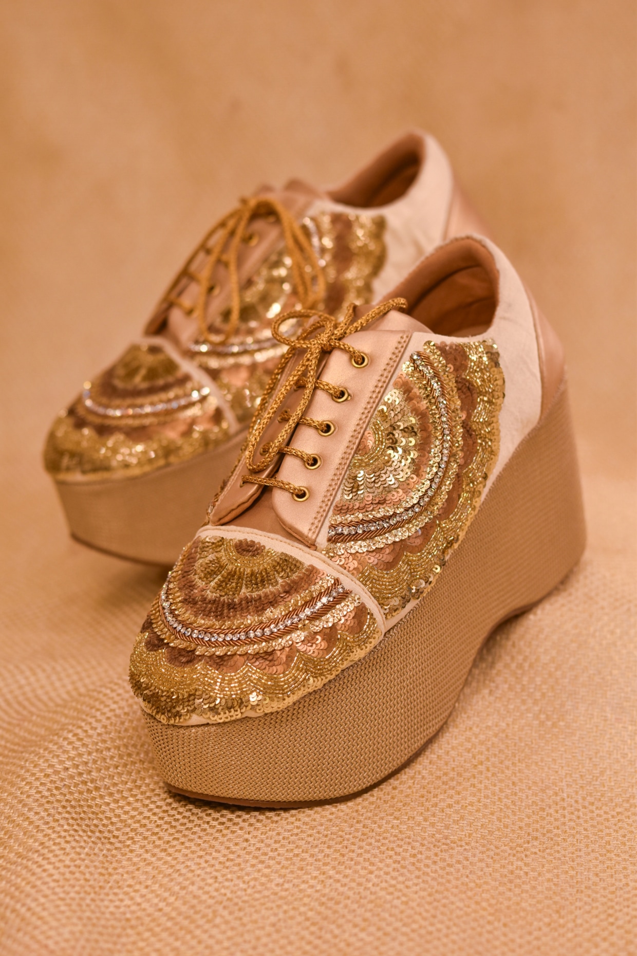 Gold Poly Silk Sequins Embellished Sneaker Wedges by Around Always at ...