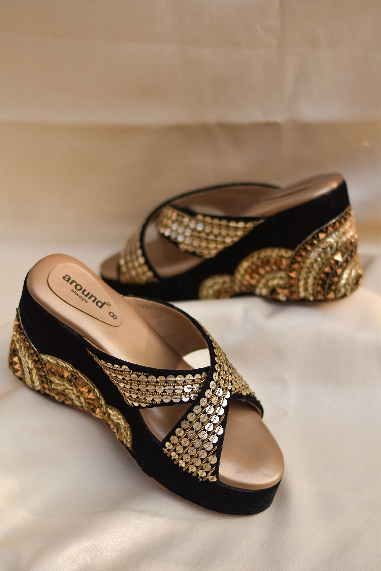 Black Velvet Sequins Work Wedges by Around Always at Pernia's Pop Up ...