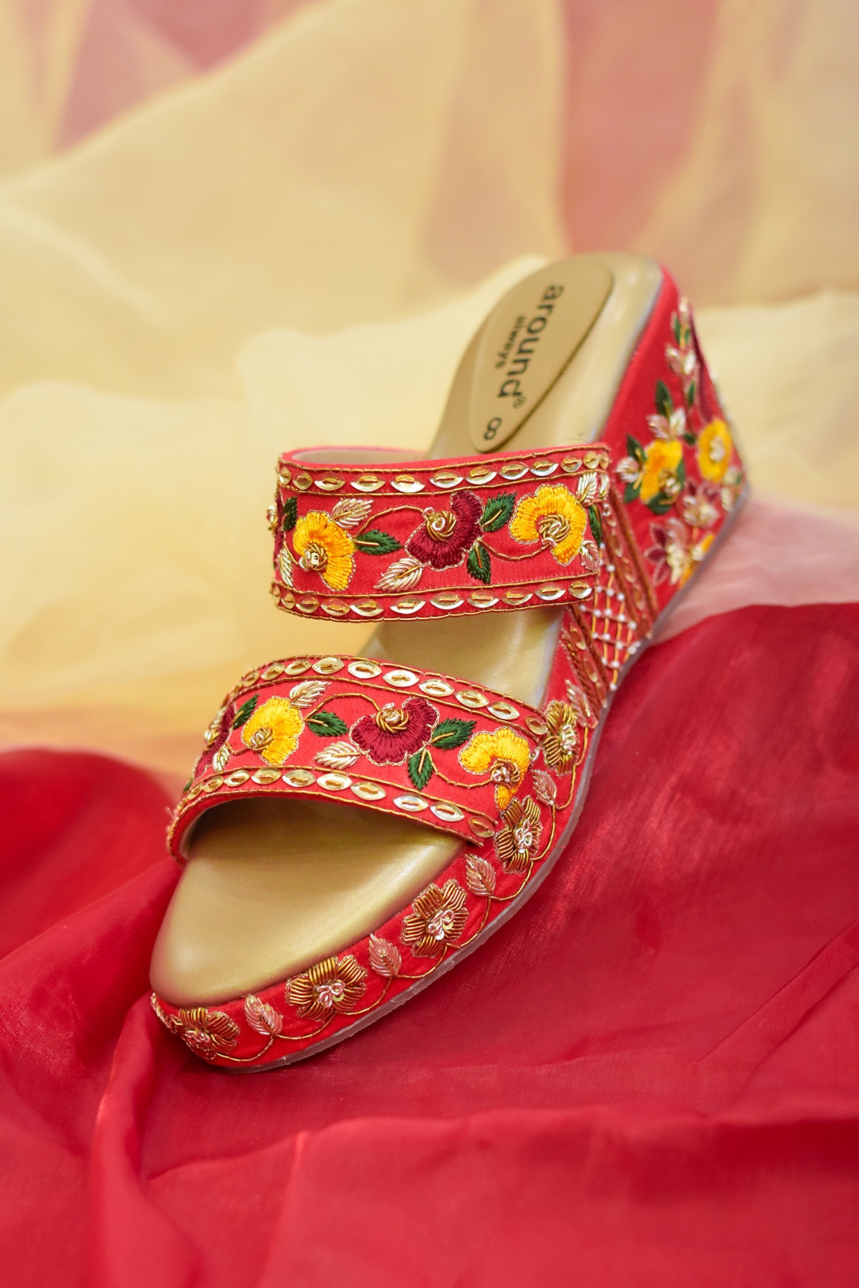 Red Poly Silk Floral Embroidered Wedges by Around Always at Pernia's ...