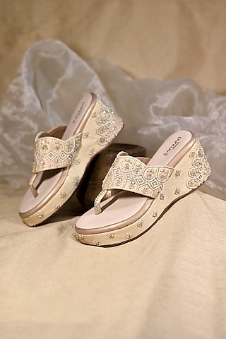 Golden Poly Silk Sequins Embroidered Wedges by Around Always at Pernia ...